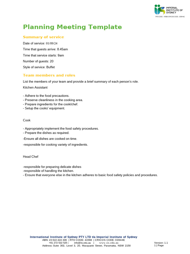 Buffet Planning Meeting Template | PDF
