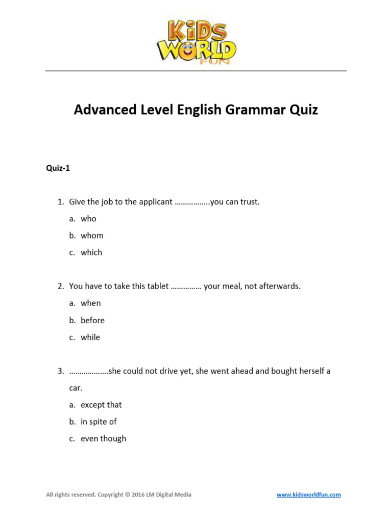 Advanced Level English Grammar Quiz 1 | PDF