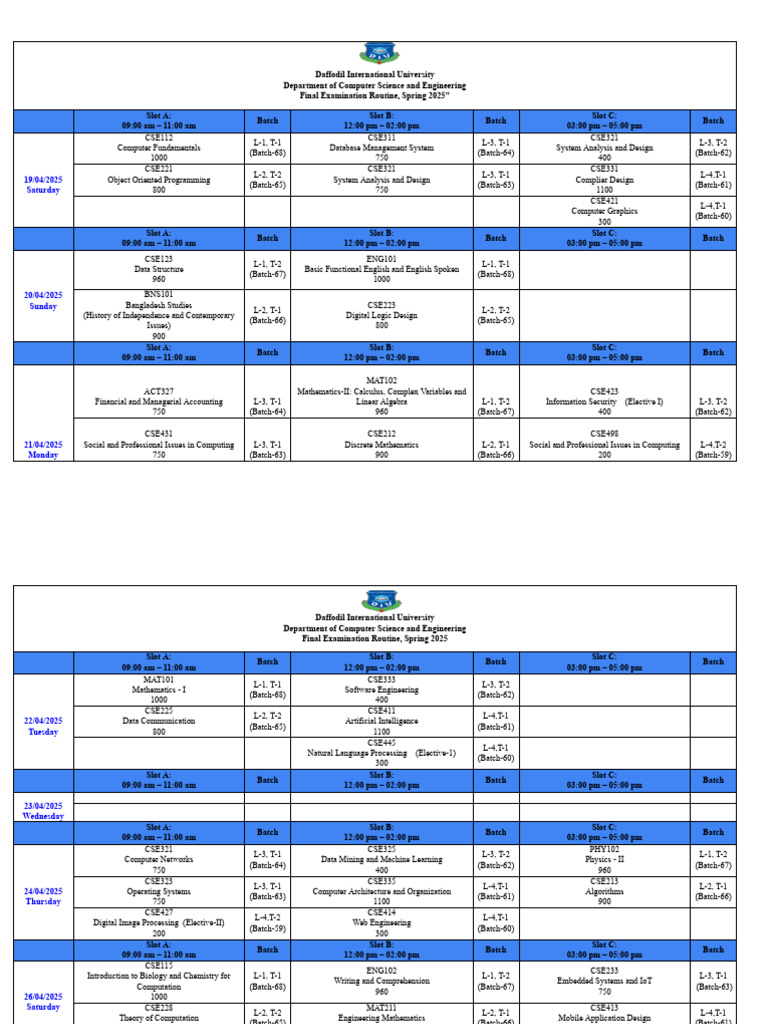 Revised - CSE Final Exam Routine Spring 2025 | PDF | Mathematical Analysis | Computing