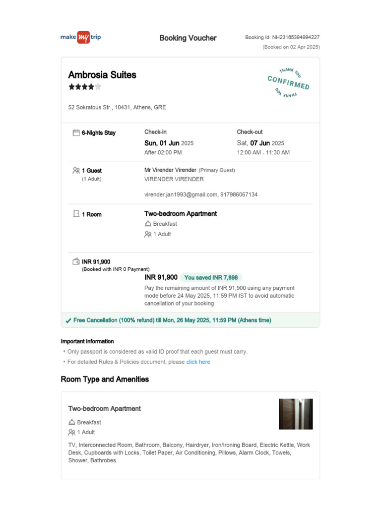 Booking Confirmation for Apartment Stay | PDF