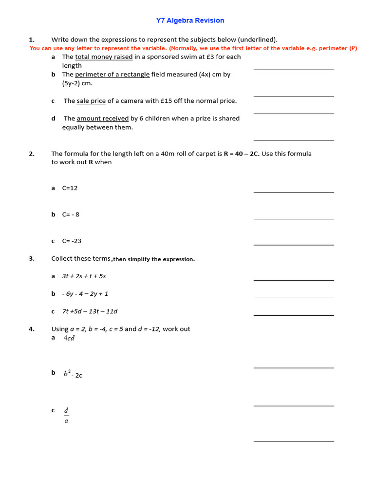 Y7 HW - Algebra Revision QP | PDF