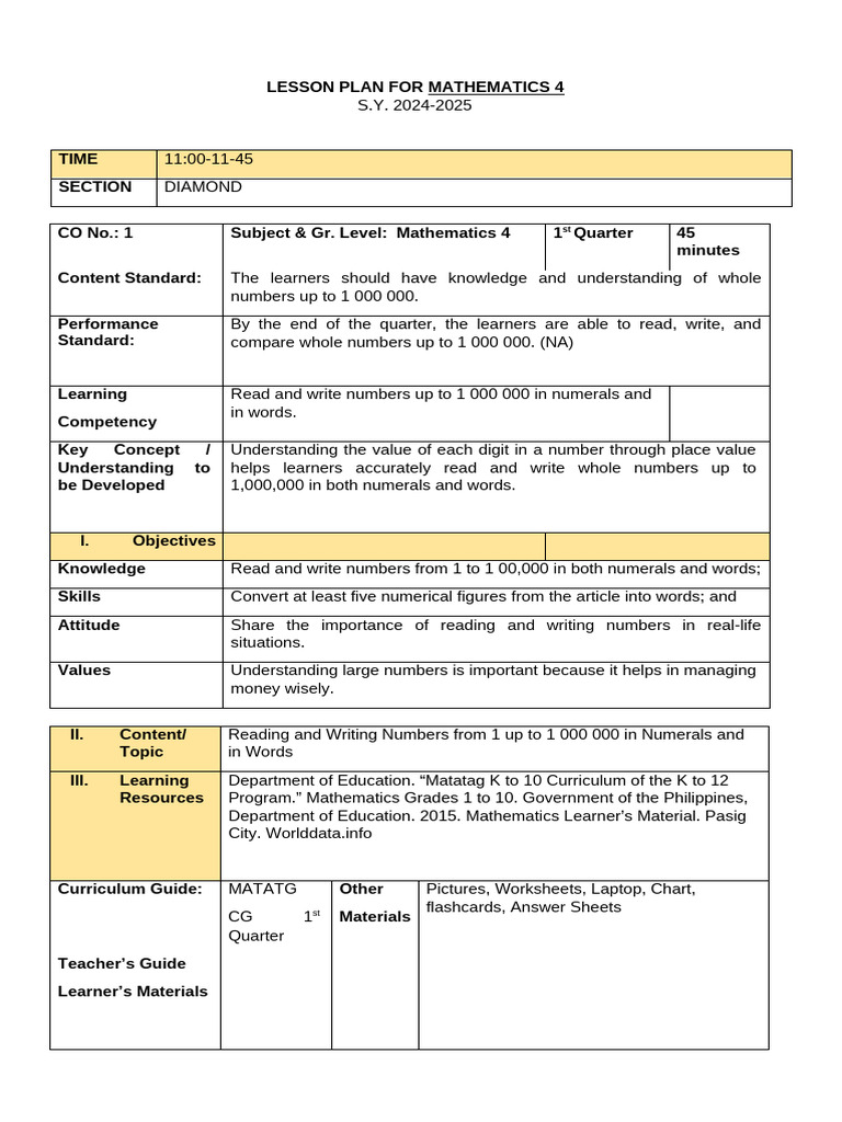 Grade 4 - Quarter 1 - Read and Write Numbers Up To 1,000,000 in ...