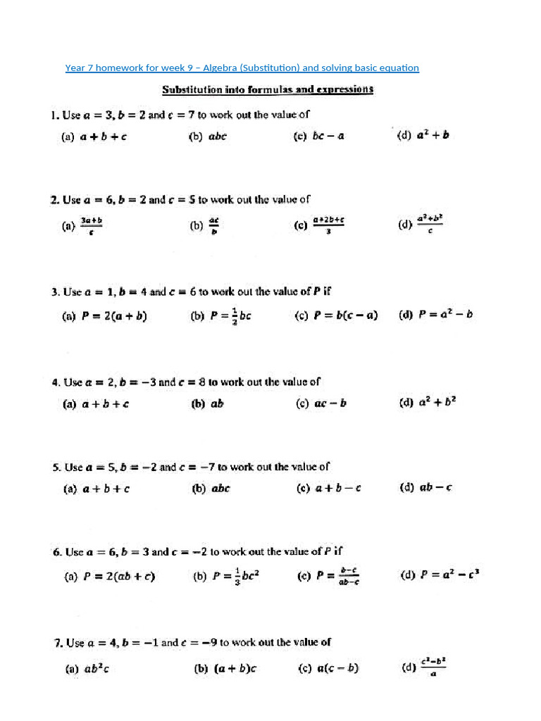 Y7 HW for W7b - Algebra (Substitution, solving basic equation) QP | PDF