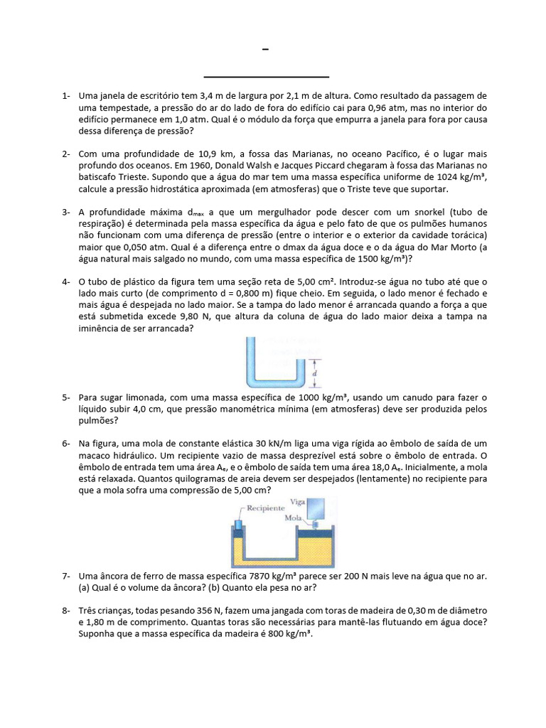 Lista 2 MecaÌ nica Fluidos | PDF | Pressão