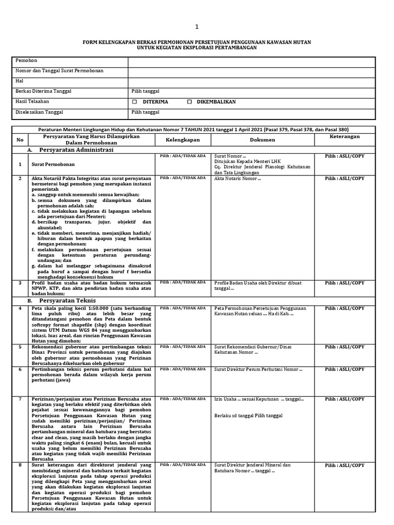 Ceklist Eksplorasi Permen LHK P. 7 Tahun 2021 | PDF