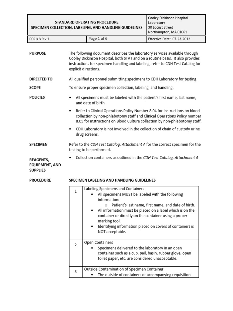 Cdh Clinical Lab Specimen Collection Guide 7-23-12 - Copy | PDF | Urination | Laboratories