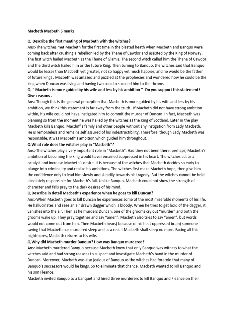 Macbeth Macbeth 5 Marks | PDF | Macbeth | Shakespearean Tragedies