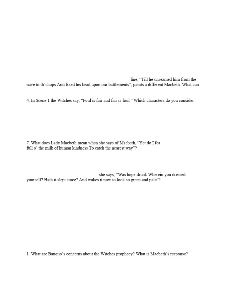 Macbeth Study Questions and Answers | PDF | Macbeth | Shakespearean ...