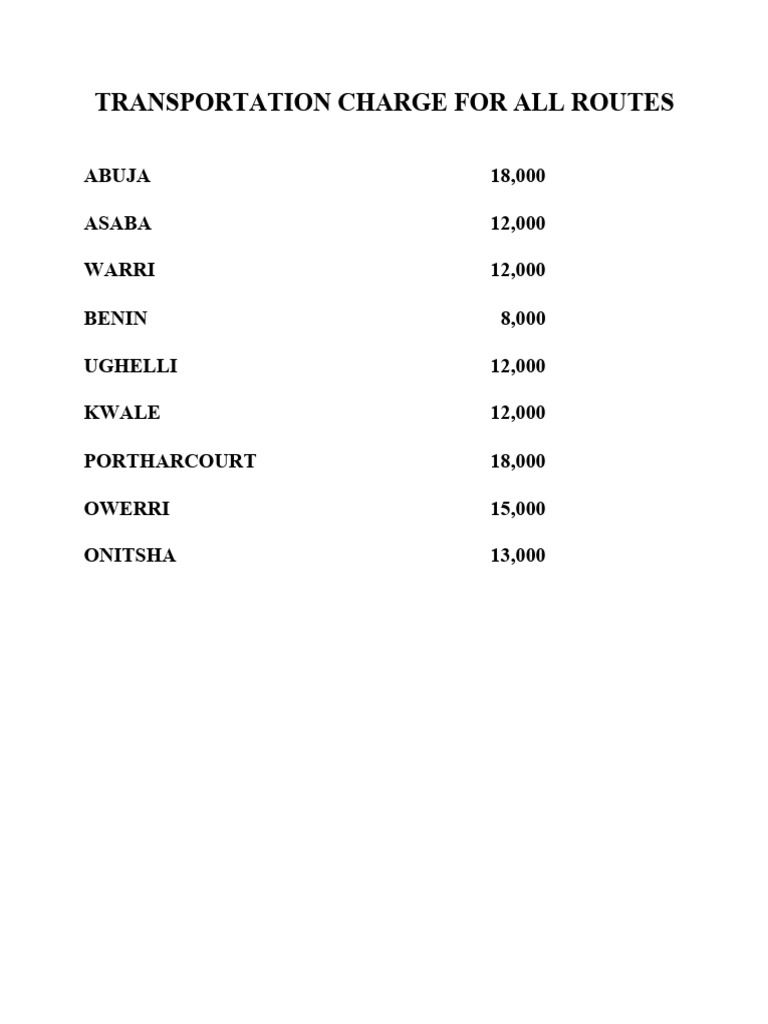 Transportation Charge For All Routes | PDF