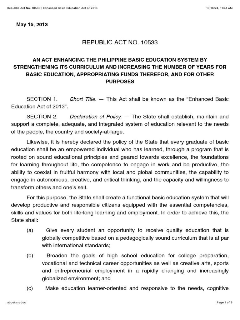 RA 10533 - Enhanced Basic Education Act of 2013 | PDF | Curriculum ...