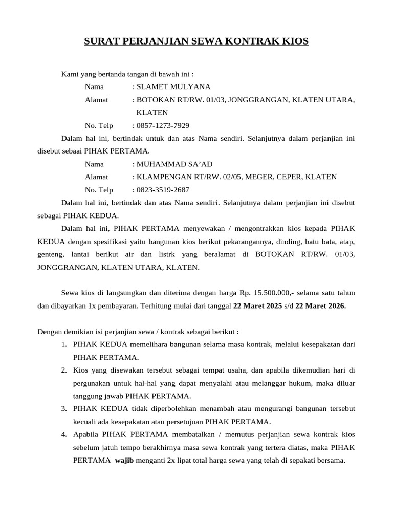 Surat Perjanjian Sewa Kontrak Kios | PDF