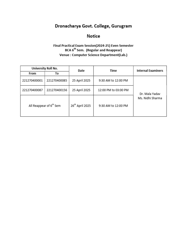 BCA 6th Sem Practical Exam Notice | PDF
