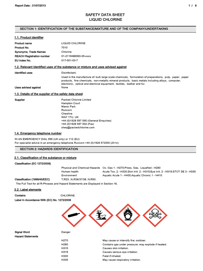 07 Liquid Chlorine - MSDS | PDF | Personal Protective Equipment | Toxicity