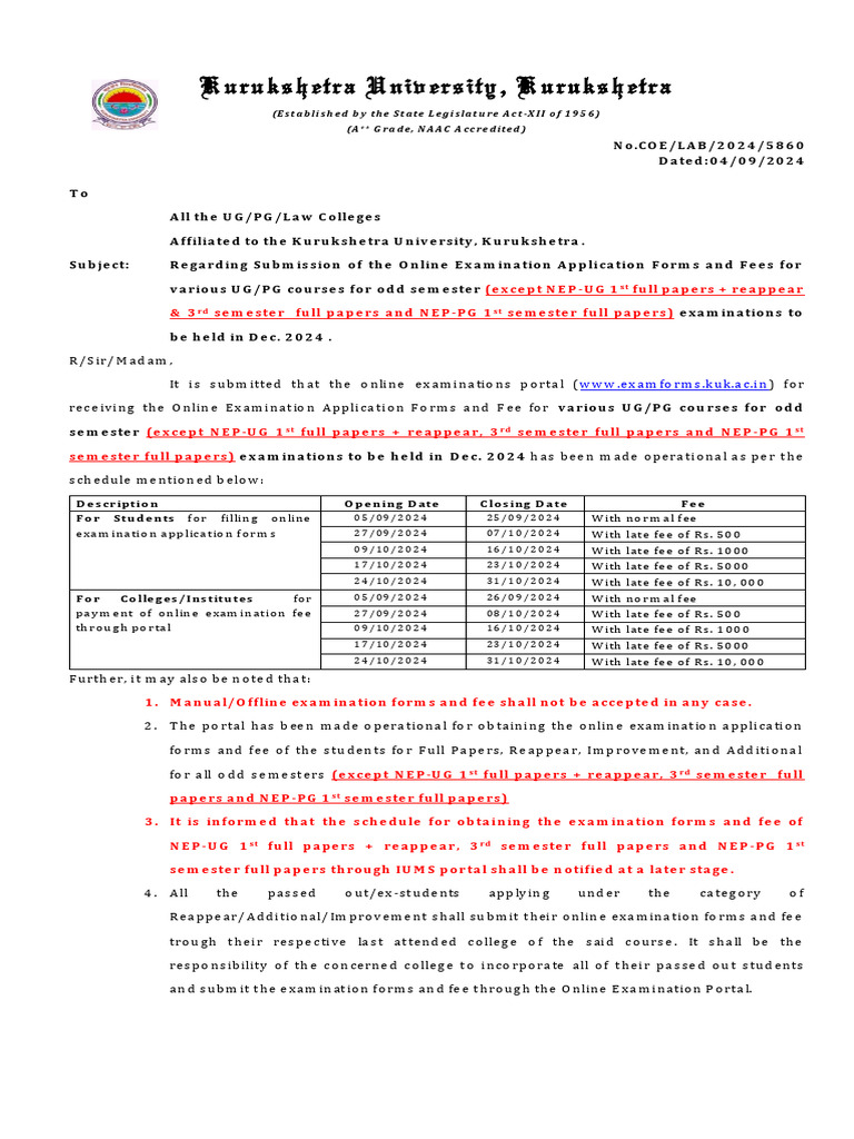(05-09-2024) Notification For Colleges For Submission of Examination ...