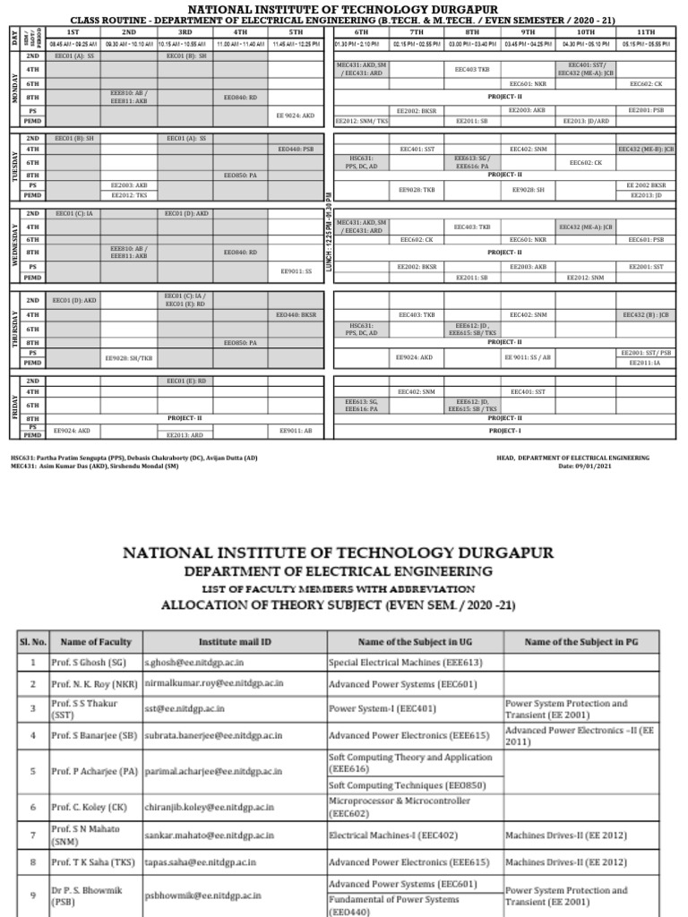 Class Routine - Department of Electrical Engineering (B.Tech. & M.Tech. / Even Semester / 2020 ...