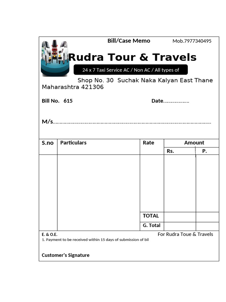 Travels Bill Format for Rudra Tours | PDF