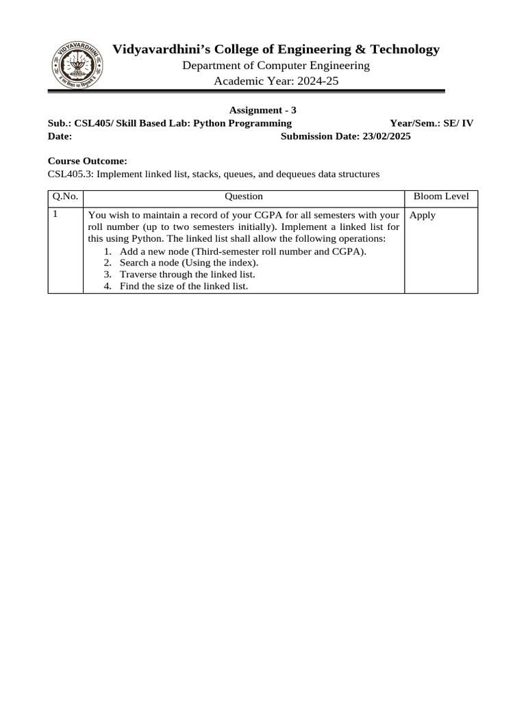 Python Linked List Assignment 2024-25 | PDF