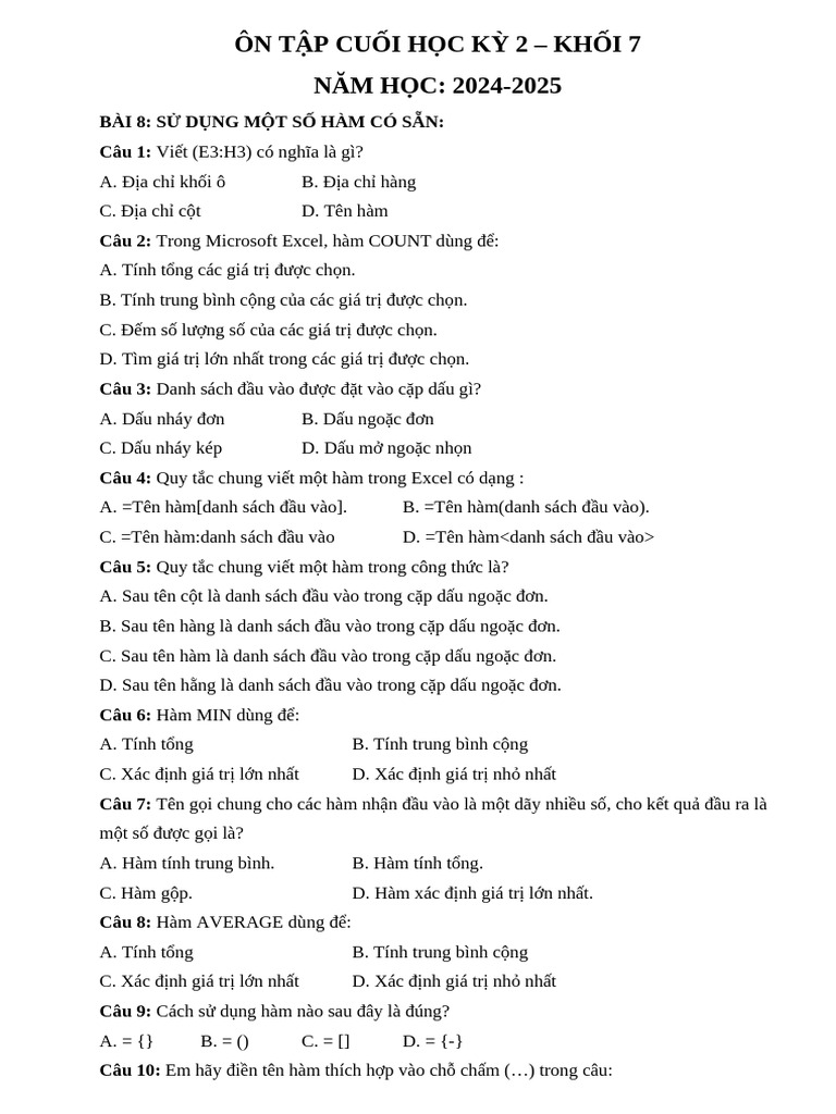 ÔN TẬP CUỐI HK2 - K7 | PDF