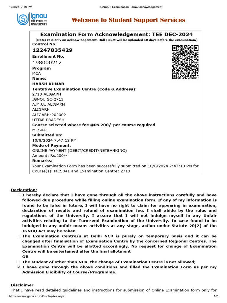 Harsh IGNOU - Examination Form Acknowledgement | PDF