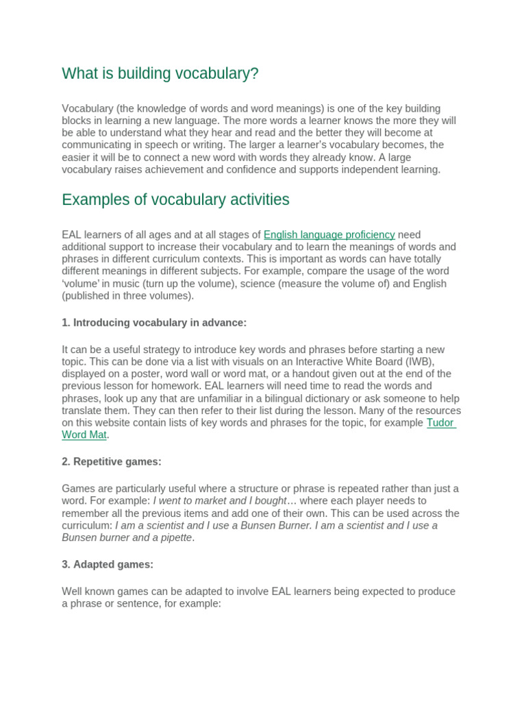 Effective Vocabulary Building for EAL Learners | PDF | English As A ...
