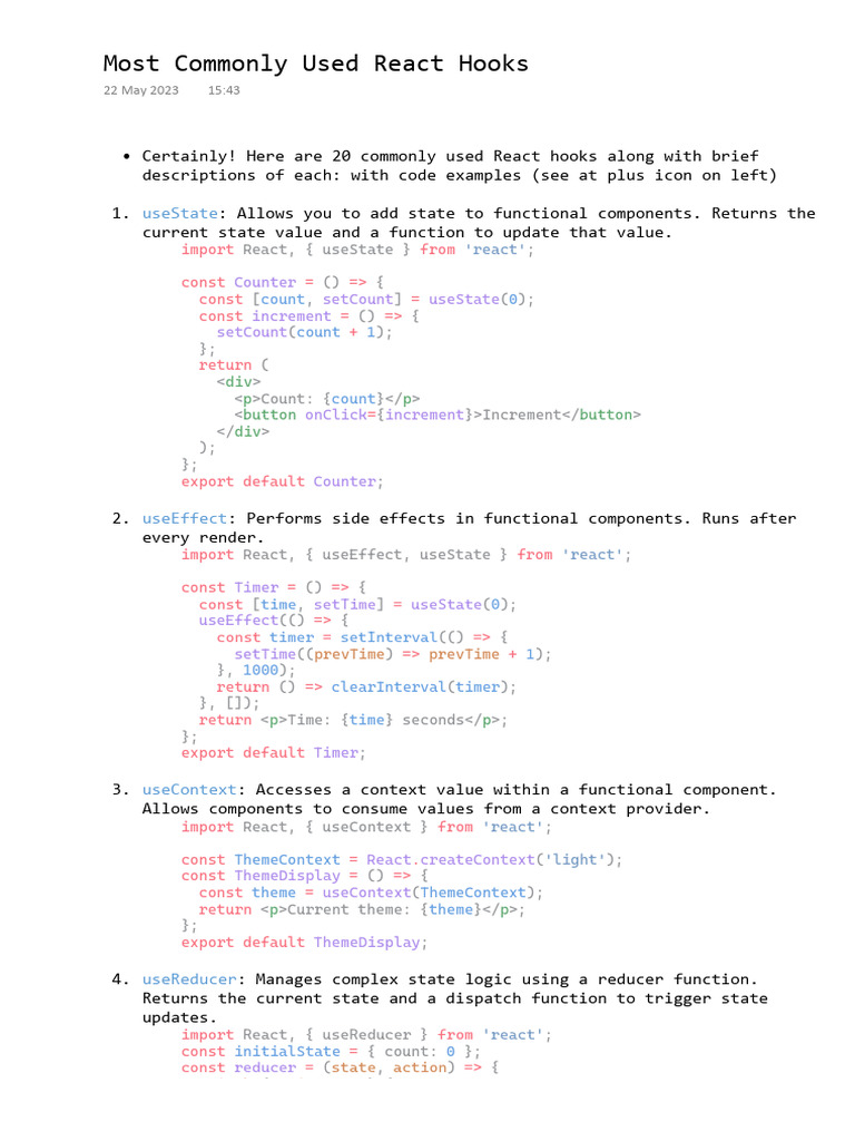 Most Commonly Used React Hooks | PDF | Computing | Software Engineering