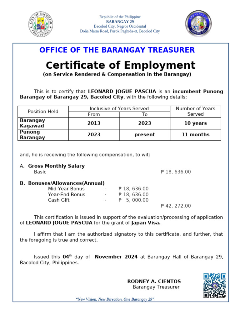 Barangay Employment Certificate for Kagawad | PDF