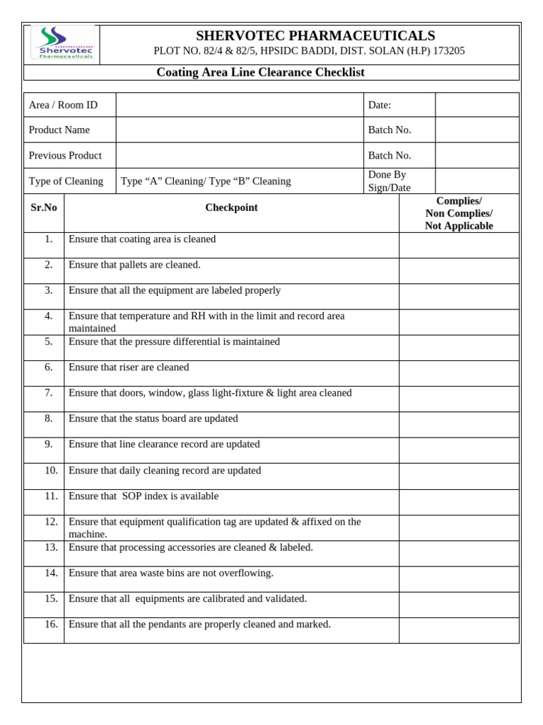 Coating Area Line Clearance Checklist | PDF
