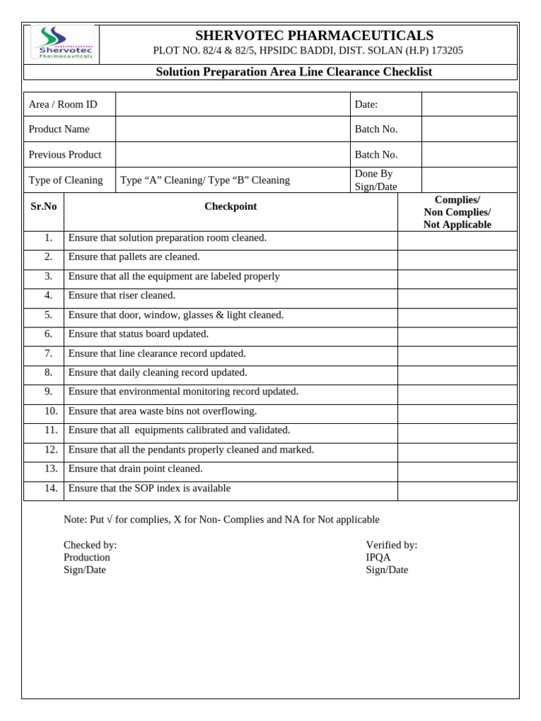 Line Clearance Checklist for Shervotec | PDF