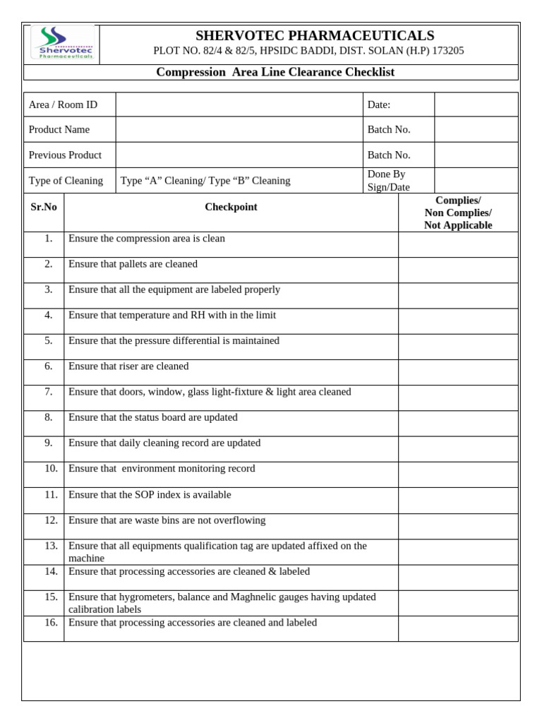 Compression Area Line Clearance Checklist | PDF | Mechanical Engineering