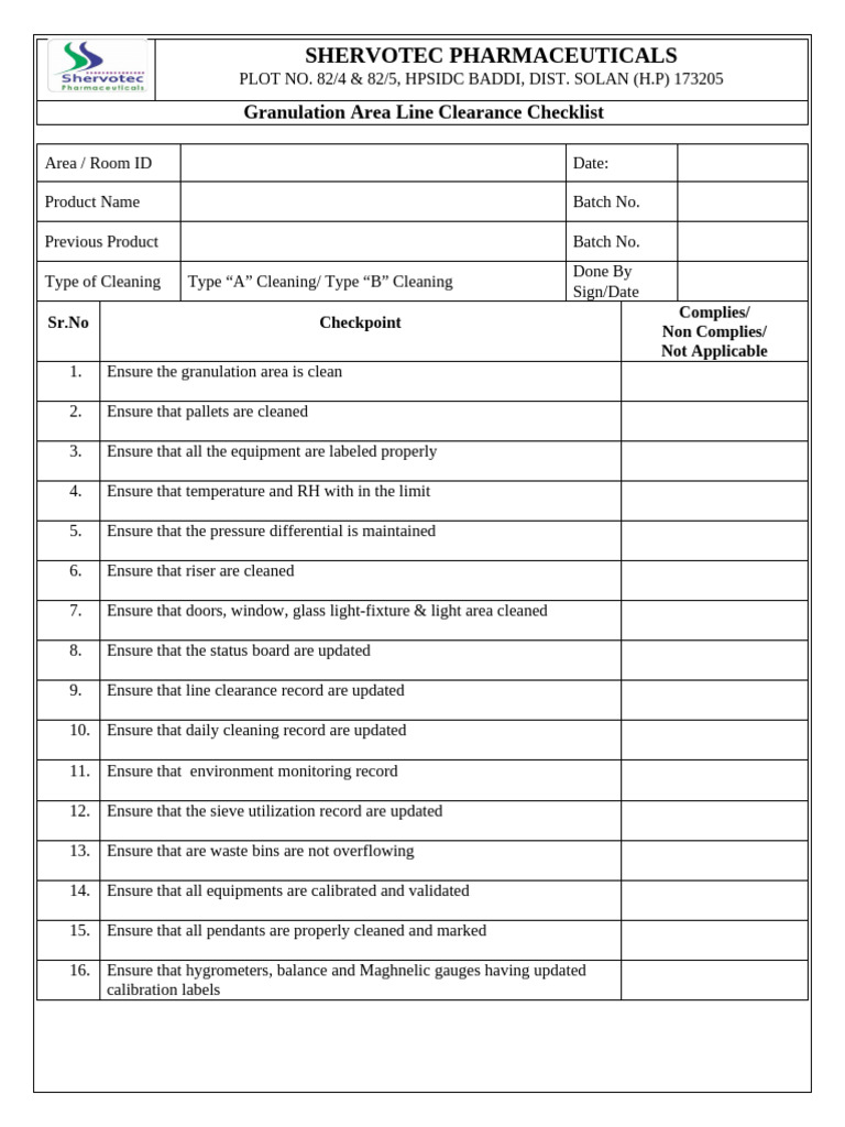 Granulation Area Line Clearance Checklist | PDF