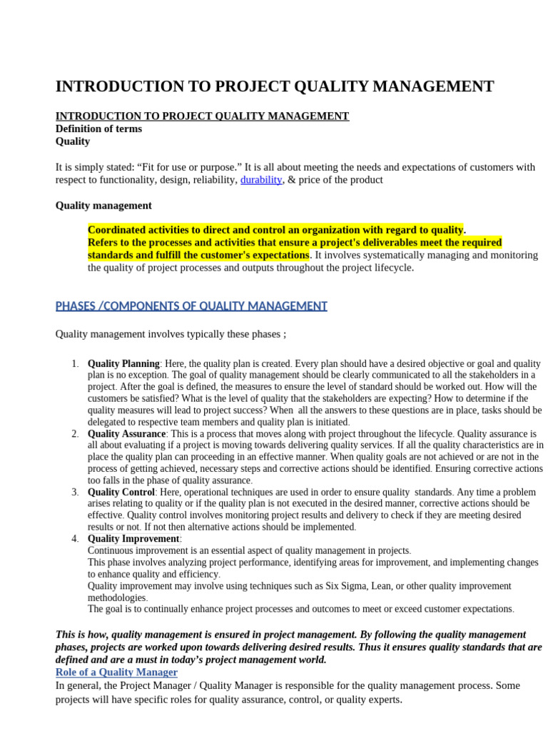 Introduction To Project Quality Management F | PDF | Quality Assurance ...