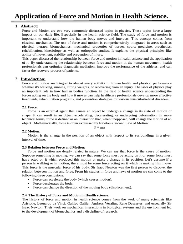 Application of Force and Motion in Health Science | PDF | Medical Imaging | Physical Therapy