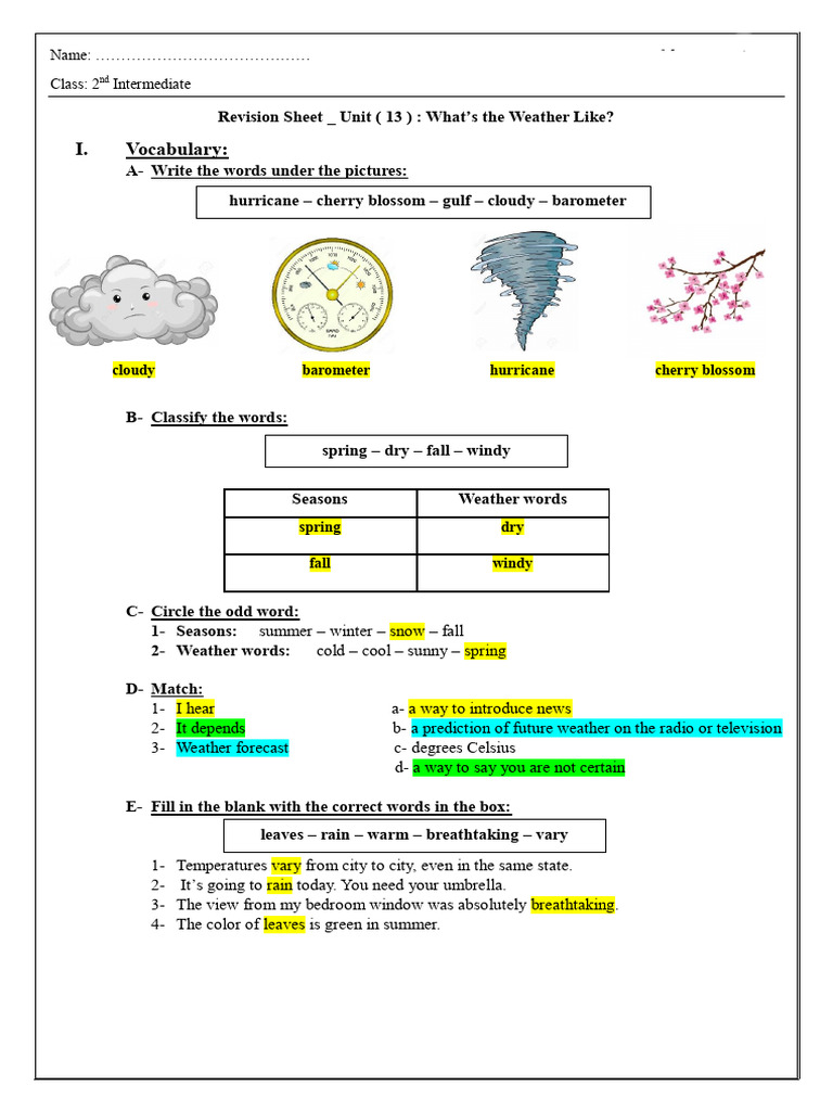 Weather Vocabulary and Grammar Review | PDF | Weather | Rain