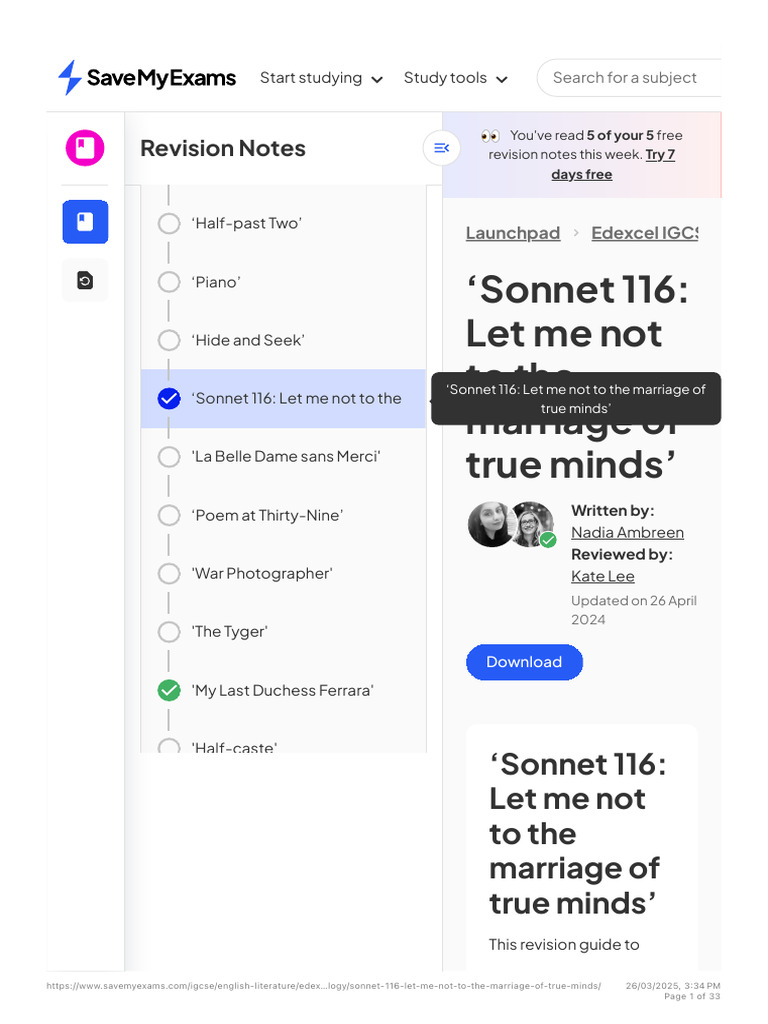 Sonnet 116 - Shakespeare - Pearson Anthology - IGCSE English | PDF ...
