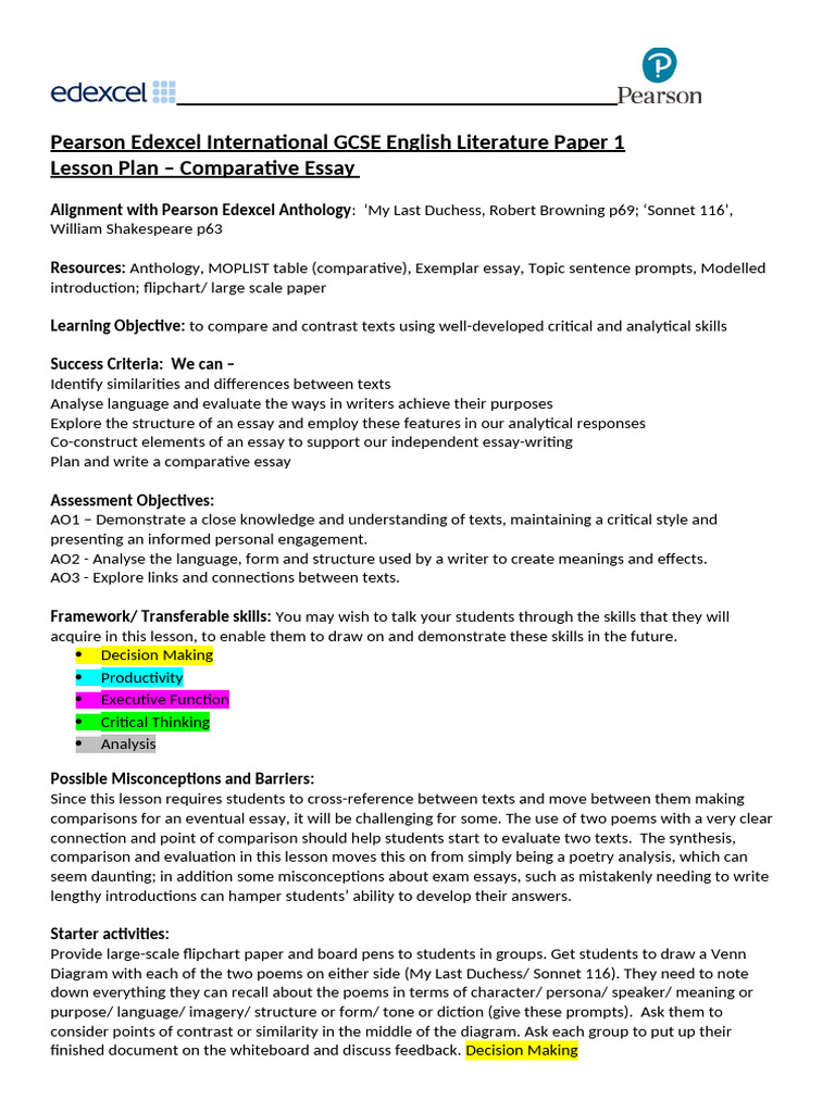 English - Literature - Paper - 1 - Comparative - Essay - Lesson - Plan ...