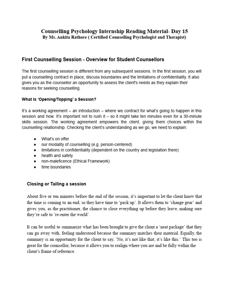 First Counselling Session Guide for Interns | PDF | Counseling ...
