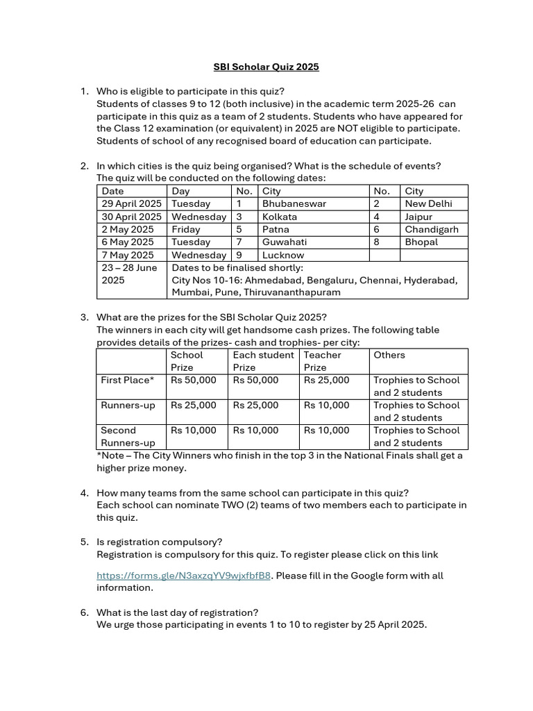 SBI Scholar Quiz 2025 Details | PDF