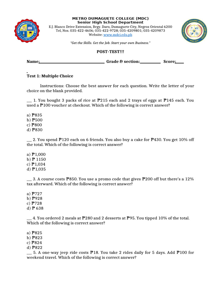 Post-Test-Intervention Mathematics | PDF | Mathematics | Computer ...