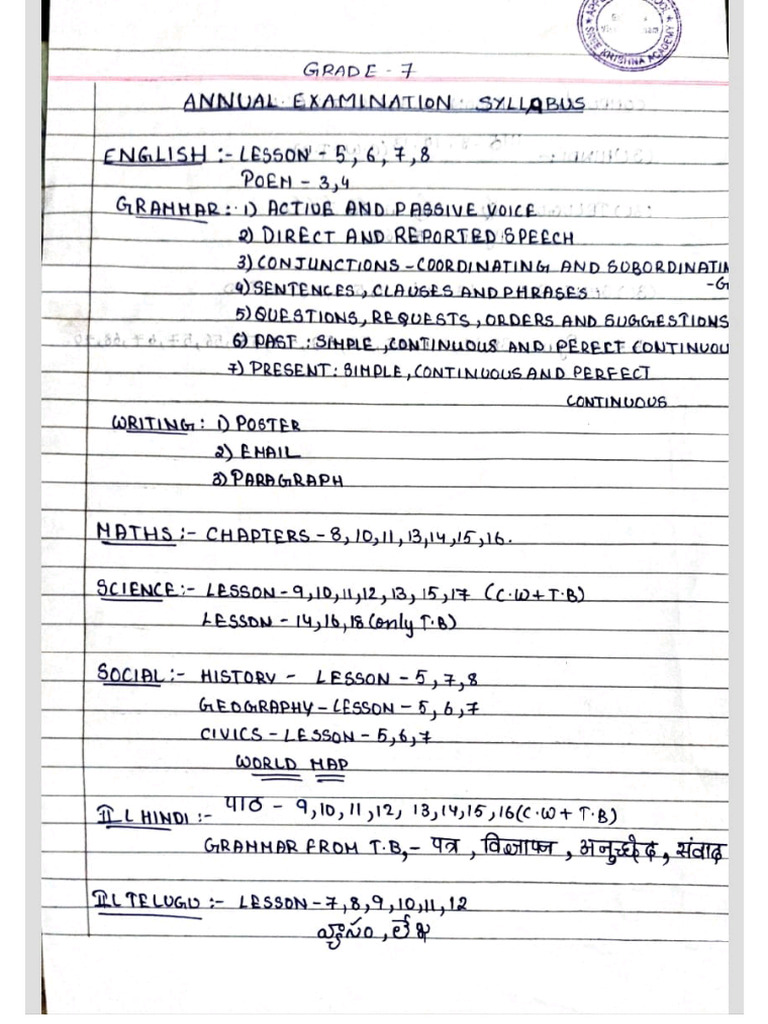 Grade 7 Annual Examination Syllabus | PDF