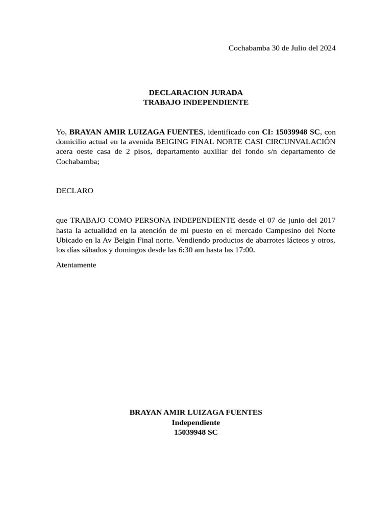 cARTA DECLARACION JURADA Brayan Luizaga | PDF