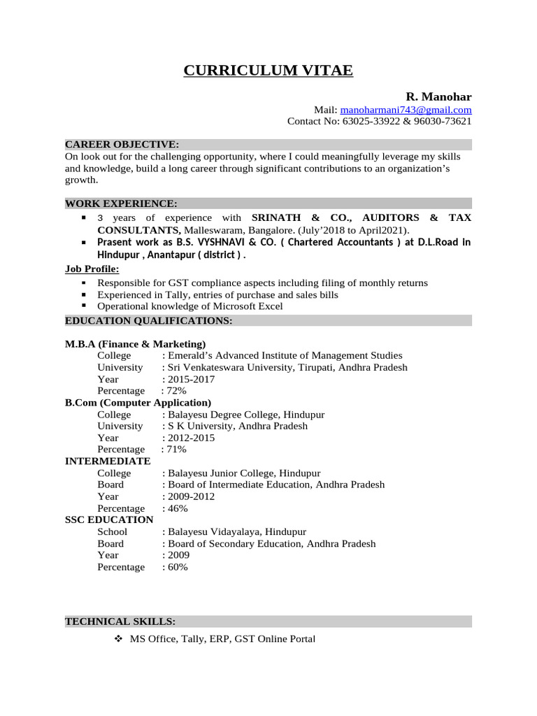 R. Manohar's Professional Profile | PDF