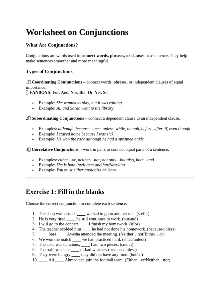 Worksheet on Conjunctions | PDF | Syntax | Grammar