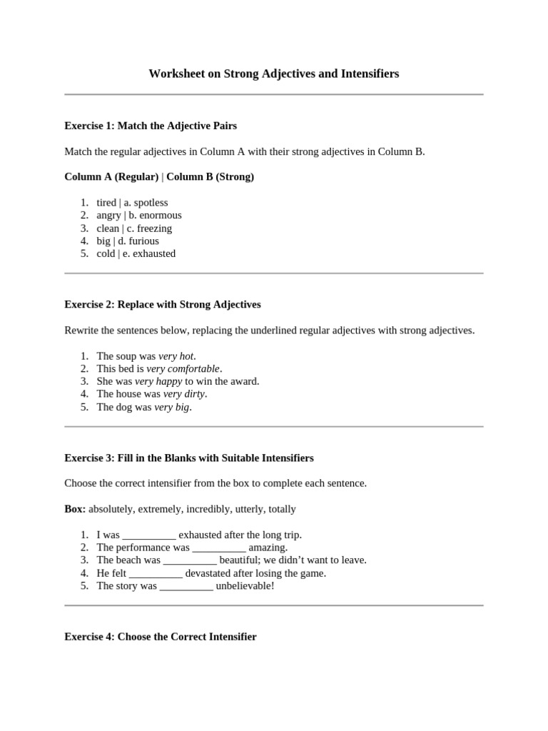 Strong Adjectives and Intensifiers Worksheet | PDF
