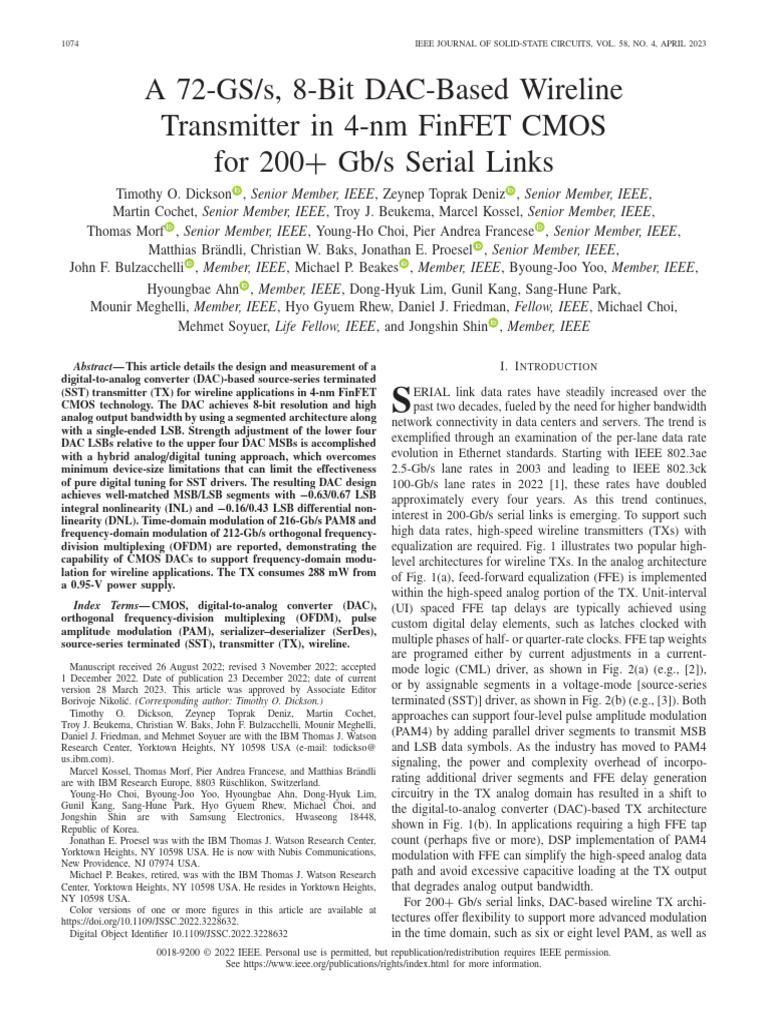 A 72-GS s 8-Bit DAC-Based Wireline Transmitter in 4-Nm FinFET CMOS for 200 Gb s Serial Links ...