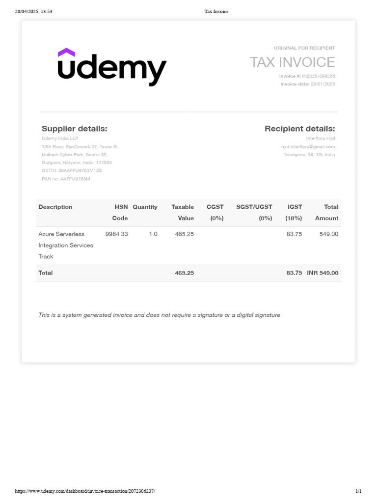 Udemy Tax Invoice for Azure Services | PDF