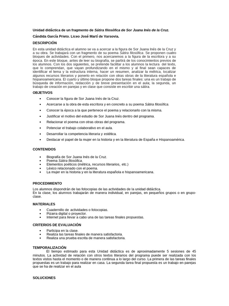 U.D. Sátira Filosófica. SOR JUANA INÉS DE LA CRUZ | PDF