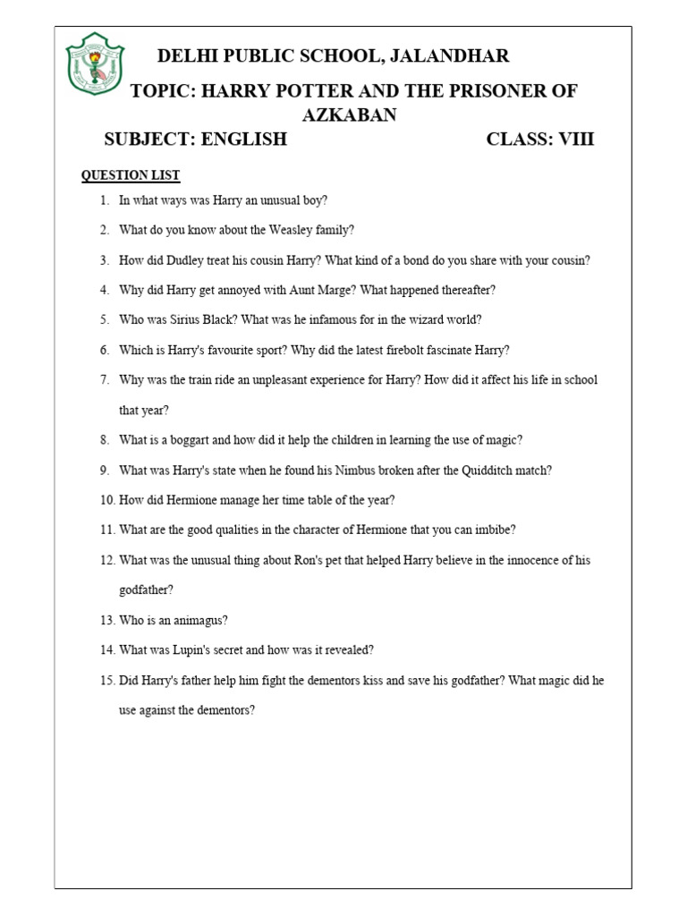 Class Viii, English, Harry Potter and The Prisoner of Azkaban | PDF
