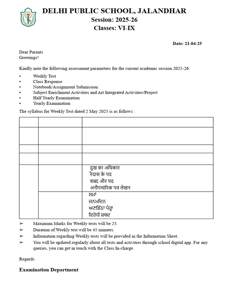 Circular-Weekly Test Schedule VI-IX (2 May, 2025) | PDF