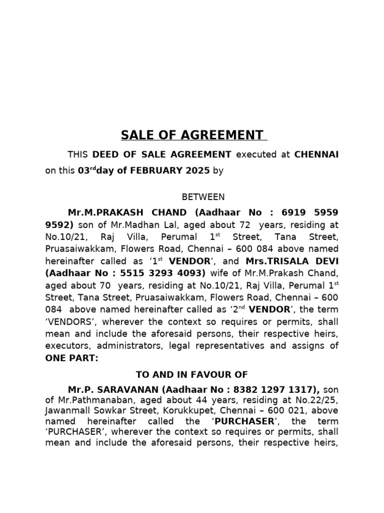 Sale Agreement Thrisala Devi To Saravanan | PDF | Common Law | Private Law