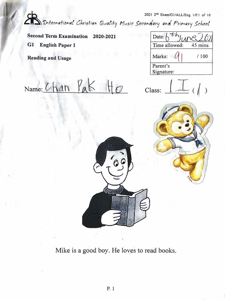 1I_01_陳柏皓_Chan Pak Ho_小一下英文-Reading & Usage | PDF